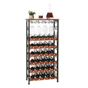 x-cosrack rustic 30 bottles floor wine rack shelf with wine glass holder rack, freestanding wobble-free 6 tier wine bottle organizer display storage stand for kitchen pantry patent pending