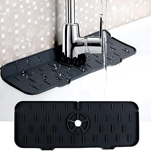 Silicone Faucet Mat Kitchen Sink Taps Splash Guard Drainer Absorbent Pad Faucet Drip Catcher for Kitchen Utensils and Dish Drainer Countertop Protect (Black)