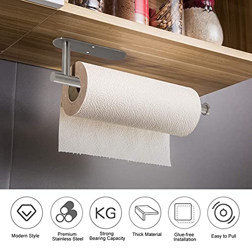 HONZUEN Paper Towel Holder Under Cabinet, Adhesive or Screw Install, Brushed Nickel Wall Mount Paper Towel Holders for Kitchen RV, Waterproof Stainless Steel Kitchen Towel Holder