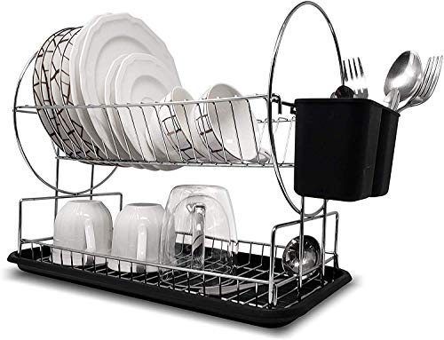 Dish Drying Rack, and Drain Board Set - Chrome 2-Tier Dish Rack, With Removable Drainboard and Utensil Holder - Dish Drainer For Kitchen Countertop or Sink - Great Kitchen/Dishes Organizer By-Lendra