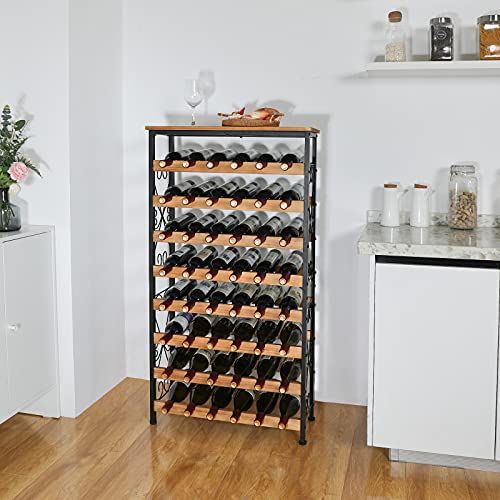 48 Bottles Floor Wine Rack with Wood Top, Freestanding Wine Bottle Organizer Shelf, Wobble-Free 8 Tier Wine Display Storage Stand for Kitchen Pantry, 25.2''L x 10.7''W x 47.2''H