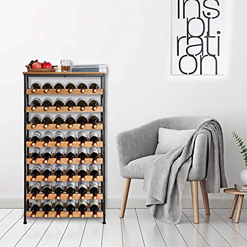 48 Bottles Floor Wine Rack with Wood Top, Freestanding Wine Bottle Organizer Shelf, Wobble-Free 8 Tier Wine Display Storage Stand for Kitchen Pantry, 25.2''L x 10.7''W x 47.2''H