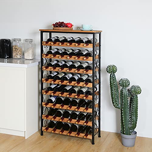 48 Bottles Floor Wine Rack with Wood Top, Freestanding Wine Bottle Organizer Shelf, Wobble-Free 8 Tier Wine Display Storage Stand for Kitchen Pantry, 25.2''L x 10.7''W x 47.2''H