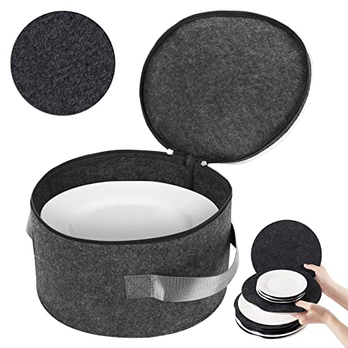 Pehciroe Plate Storage Case with Lid, 12" Felt China Storage Containers Dinnerware Storage Box with 2 Handles & 12 Felt Dividers for Storing and Organizing Dinnerware Dishes, Dark Gray