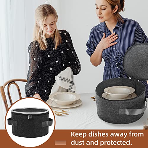 Pehciroe Plate Storage Case with Lid, 12" Felt China Storage Containers Dinnerware Storage Box with 2 Handles & 12 Felt Dividers for Storing and Organizing Dinnerware Dishes, Dark Gray