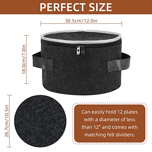 Pehciroe Plate Storage Case with Lid, 12" Felt China Storage Containers Dinnerware Storage Box with 2 Handles & 12 Felt Dividers for Storing and Organizing Dinnerware Dishes, Dark Gray