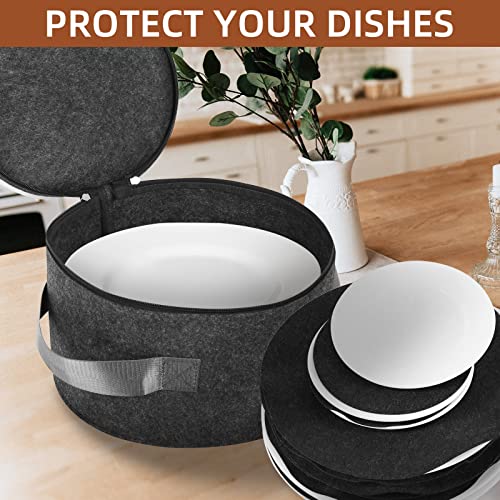 Pehciroe Plate Storage Case with Lid, 12" Felt China Storage Containers Dinnerware Storage Box with 2 Handles & 12 Felt Dividers for Storing and Organizing Dinnerware Dishes, Dark Gray