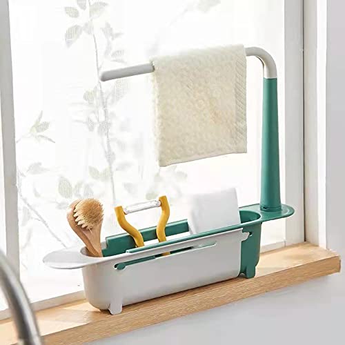 Weunoia Go Expandable Storage Drain Basket for Kitchen,Sponge,Soap Holder with Towel Rack Dish Cloth Hanger Organizer Kitchen（Green）