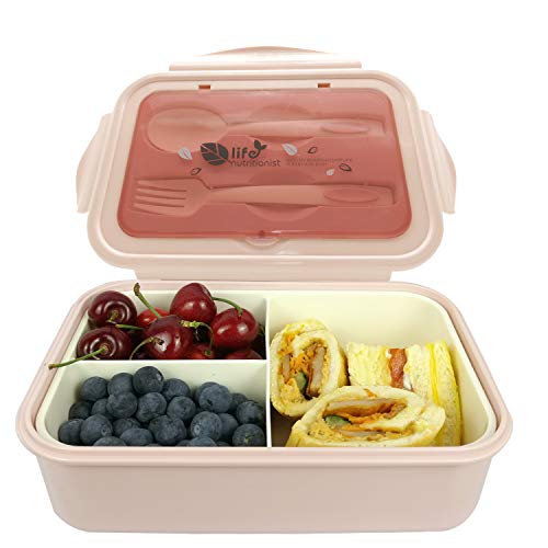 UPTRUST Bento Lunch container For Kids, Bento adult box With 3 Compartment. Leak-proof, Microwave safe, Dishwasher Safe, Freezer Safe,Meal Fruit Snack Packing Box(Spoon&Fork included) (Pink)