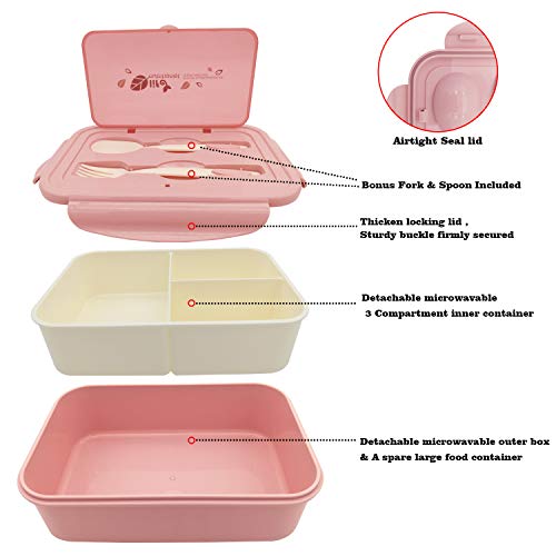 UPTRUST Bento Lunch container For Kids, Bento adult box With 3 Compartment. Leak-proof, Microwave safe, Dishwasher Safe, Freezer Safe,Meal Fruit Snack Packing Box(Spoon&Fork included) (Pink)