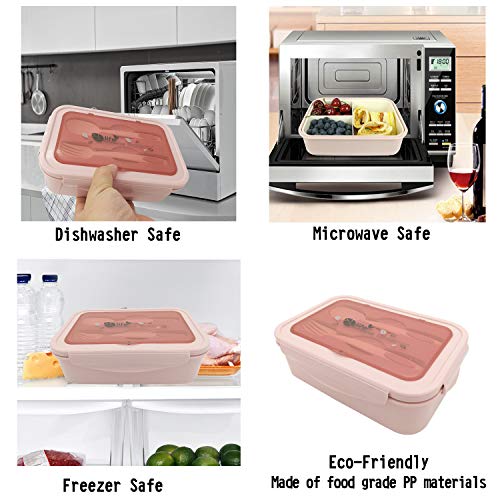 UPTRUST Bento Lunch container For Kids, Bento adult box With 3 Compartment. Leak-proof, Microwave safe, Dishwasher Safe, Freezer Safe,Meal Fruit Snack Packing Box(Spoon&Fork included) (Pink)