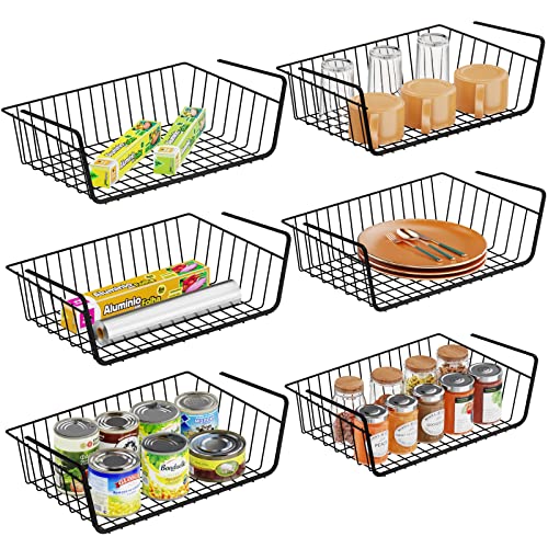 Under Shelf Basket, Veckle 6 Pack Pantry Organization and Storage Durable Shelf Organizer Under Cabinet Pantry Laundry Room, Hanging Sliding Metal Baskets Add Extra Space Easy to Install, Black