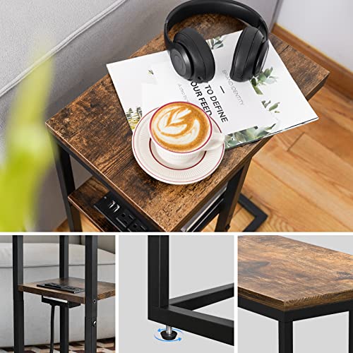 Yoobure C Shaped End Table with Charging Station, Small Side Tables for Living Room, Bedroom, Sofa Table with USB Ports and Outlets for Small Spaces, C Couch Table Rustic Snack Table Bed Side Table