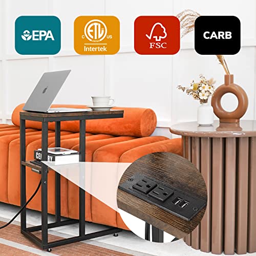 Yoobure C Shaped End Table with Charging Station, Small Side Tables for Living Room, Bedroom, Sofa Table with USB Ports and Outlets for Small Spaces, C Couch Table Rustic Snack Table Bed Side Table