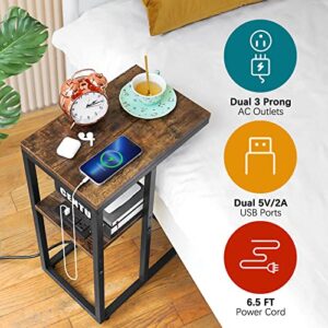 Yoobure C Shaped End Table with Charging Station, Small Side Tables for Living Room, Bedroom, Sofa Table with USB Ports and Outlets for Small Spaces, C Couch Table Rustic Snack Table Bed Side Table