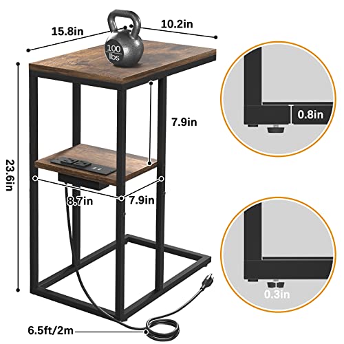 Yoobure C Shaped End Table with Charging Station, Small Side Tables for Living Room, Bedroom, Sofa Table with USB Ports and Outlets for Small Spaces, C Couch Table Rustic Snack Table Bed Side Table