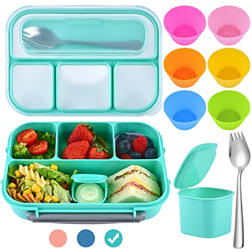 Zezzxu Bento Lunch Box for Kids and Adults, 1300 ML 4-Compartment Bento Box Set, Leak-Proof Plastic Lunch Containers Kit with Accessories, Microwave & Dishwasher & Freezer Safe (Green)