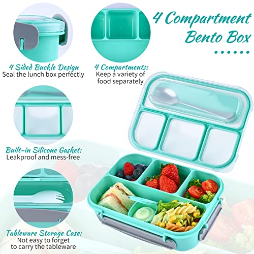 Zezzxu Bento Lunch Box for Kids and Adults, 1300 ML 4-Compartment Bento Box Set, Leak-Proof Plastic Lunch Containers Kit with Accessories, Microwave & Dishwasher & Freezer Safe (Green)