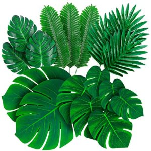 decopom palm leaves artificial tropical monstera-84pcs 6 kinds large small green fake palm leaf with stems for safari jungle hawaiian luau party table decoration wedding birthday theme party