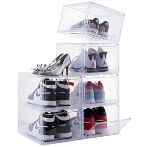 attelite drop front shoe box,set of 6,stackable plastic shoe box with clear door, as shoe storage box and clear shoe box,for display sneakers,easy assembly,fit up to us size 12(13.4”x 10.6”x 7.4”)