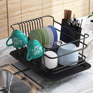 1easylife dish drying rack, dish drainer for kitchen rustproof dish rack and drainboard set with removable utensil holder and adjustable swivel spout, countertop or in sink dry rack (black)