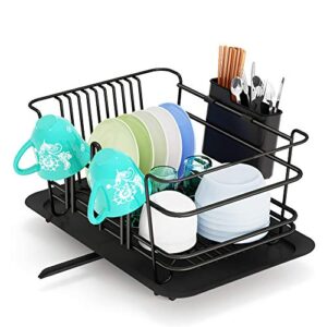 1Easylife Dish Drying Rack, Dish Drainer for Kitchen Rustproof Dish Rack and Drainboard Set with Removable Utensil Holder and Adjustable Swivel Spout, Countertop or in Sink Dry Rack (Black)