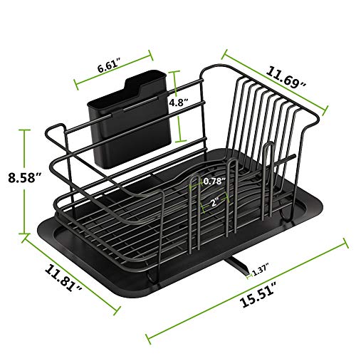 1Easylife Dish Drying Rack, Dish Drainer for Kitchen Rustproof Dish Rack and Drainboard Set with Removable Utensil Holder and Adjustable Swivel Spout, Countertop or in Sink Dry Rack (Black)