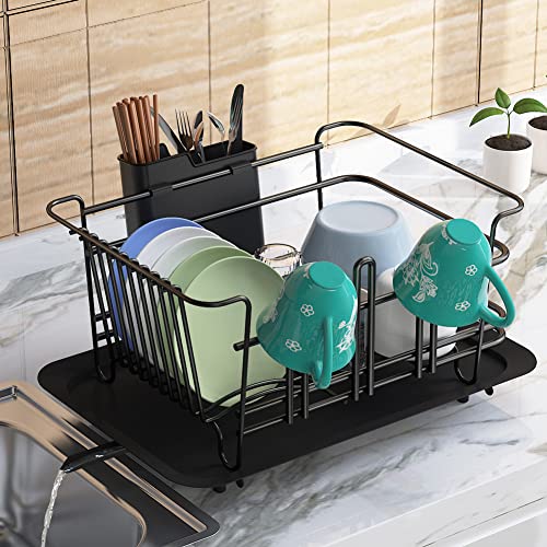 1Easylife Dish Drying Rack, Dish Drainer for Kitchen Rustproof Dish Rack and Drainboard Set with Removable Utensil Holder and Adjustable Swivel Spout, Countertop or in Sink Dry Rack (Black)