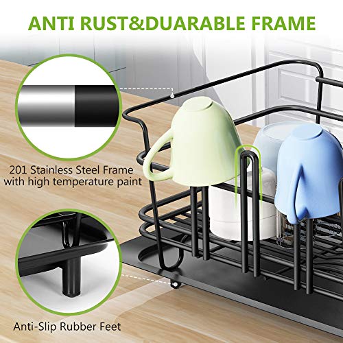 1Easylife Dish Drying Rack, Dish Drainer for Kitchen Rustproof Dish Rack and Drainboard Set with Removable Utensil Holder and Adjustable Swivel Spout, Countertop or in Sink Dry Rack (Black)