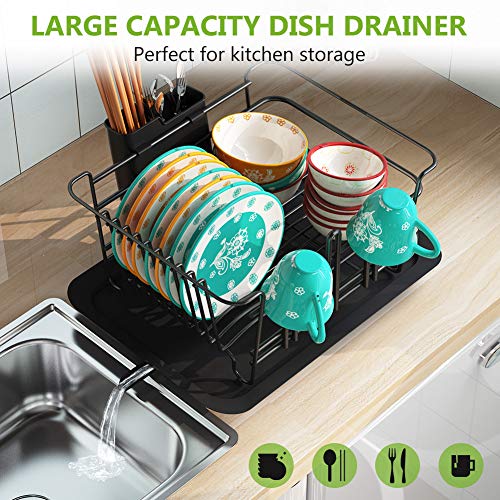 1Easylife Dish Drying Rack, Dish Drainer for Kitchen Rustproof Dish Rack and Drainboard Set with Removable Utensil Holder and Adjustable Swivel Spout, Countertop or in Sink Dry Rack (Black)