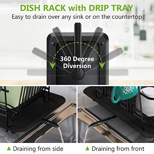 1Easylife Dish Drying Rack, Dish Drainer for Kitchen Rustproof Dish Rack and Drainboard Set with Removable Utensil Holder and Adjustable Swivel Spout, Countertop or in Sink Dry Rack (Black)