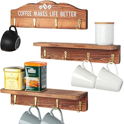 JACKCUBE Design Coffee Mug Rack Holder Wall Mount for 20 Coffee Tea Cup Storage Hanger Organizer Shelf with Coffee Sign for Home Kitchen Cafe Bar Decor - MK737B