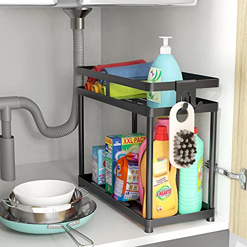 FLE Under Sink Organizer, 2 Tier Metal Under Bathroom Sink Storage Baskets with Hooks, Self Adhesive Black Under Sink Shelf Organizer for Bathroom Kitchen