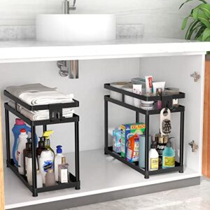 FLE Under Sink Organizer, 2 Tier Metal Under Bathroom Sink Storage Baskets with Hooks, Self Adhesive Black Under Sink Shelf Organizer for Bathroom Kitchen