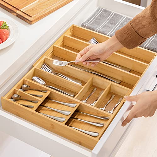 Oyydecor Bamboo Kitchen Drawer Organizer-Expandable Silverware Organizer for Utensil Holder, Cutlery Tray with 2 Removable Drawer Dividers, Adjustable for Kitchen Utensils and Flatware Organizer