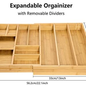 Oyydecor Bamboo Kitchen Drawer Organizer-Expandable Silverware Organizer for Utensil Holder, Cutlery Tray with 2 Removable Drawer Dividers, Adjustable for Kitchen Utensils and Flatware Organizer