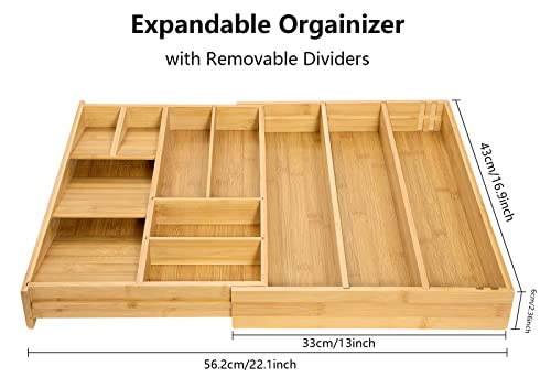 Oyydecor Bamboo Kitchen Drawer Organizer-Expandable Silverware Organizer for Utensil Holder, Cutlery Tray with 2 Removable Drawer Dividers, Adjustable for Kitchen Utensils and Flatware Organizer