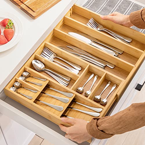 Oyydecor Bamboo Kitchen Drawer Organizer-Expandable Silverware Organizer for Utensil Holder, Cutlery Tray with 2 Removable Drawer Dividers, Adjustable for Kitchen Utensils and Flatware Organizer