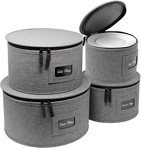 Sorbus China Dinnerware Storage Hard Shell Holders — Round Plate and Cup, Separated Quilted Protection, Felt Plates Protectors - 4-Piece Sturdy Set for Protecting Transporting, Service for 12 (Gray)