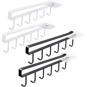 adhesive cup holder under cabinet,4 packs 6 hook mug holder for kitchen,mug hanger,utensil hook holder fit for 1 inch thickness shelf or less (white&black)