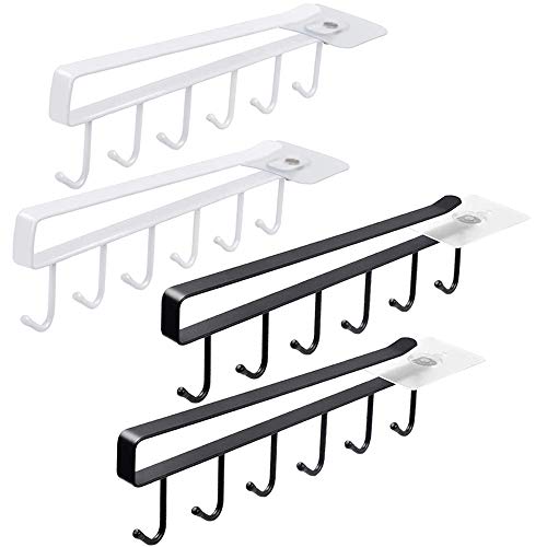 Adhesive Cup Holder Under Cabinet,4 Packs 6 Hook Mug Holder for Kitchen,Mug Hanger,Utensil Hook Holder Fit for 1 Inch Thickness Shelf or Less (White&Black)