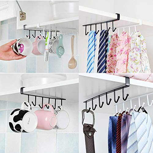 Adhesive Cup Holder Under Cabinet,4 Packs 6 Hook Mug Holder for Kitchen,Mug Hanger,Utensil Hook Holder Fit for 1 Inch Thickness Shelf or Less (White&Black)