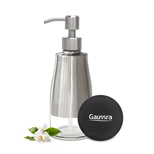 Gaussra Soap Dispenser with Non-Slip Coaster，Brushed Nickel Stainless Steel Case Glass Liner Hand Pump Dispenser，Refillable Liquid Hand Soap Dispenser for Bathroom & Kitchen (11OZ / 320ML)