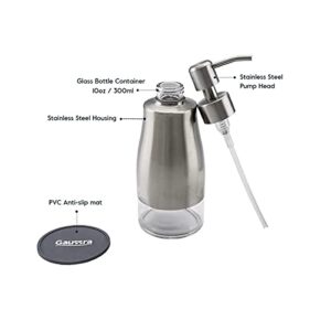 Gaussra Soap Dispenser with Non-Slip Coaster，Brushed Nickel Stainless Steel Case Glass Liner Hand Pump Dispenser，Refillable Liquid Hand Soap Dispenser for Bathroom & Kitchen (11OZ / 320ML)