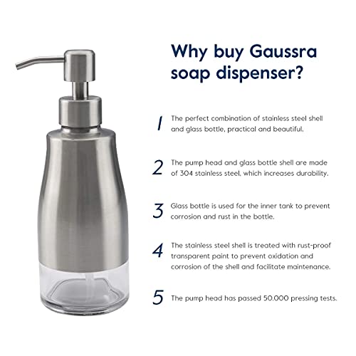 Gaussra Soap Dispenser with Non-Slip Coaster，Brushed Nickel Stainless Steel Case Glass Liner Hand Pump Dispenser，Refillable Liquid Hand Soap Dispenser for Bathroom & Kitchen (11OZ / 320ML)