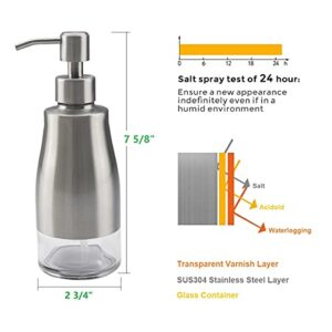 Gaussra Soap Dispenser with Non-Slip Coaster，Brushed Nickel Stainless Steel Case Glass Liner Hand Pump Dispenser，Refillable Liquid Hand Soap Dispenser for Bathroom & Kitchen (11OZ / 320ML)