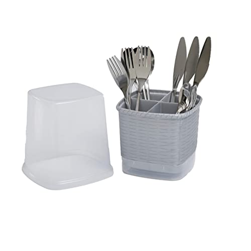 CELESTE HOME PRODUCTS Rattan Cutlery holder with cover, Cutlery Storage Organizer Caddy Bin forkitchen Cabinet or Pantry. Basket Organizer for Forks, Knives, Spoons, Napkins. Available in gray