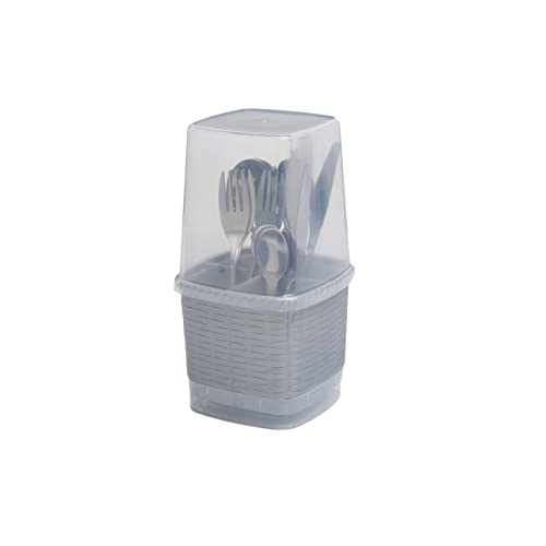 CELESTE HOME PRODUCTS Rattan Cutlery holder with cover, Cutlery Storage Organizer Caddy Bin forkitchen Cabinet or Pantry. Basket Organizer for Forks, Knives, Spoons, Napkins. Available in gray