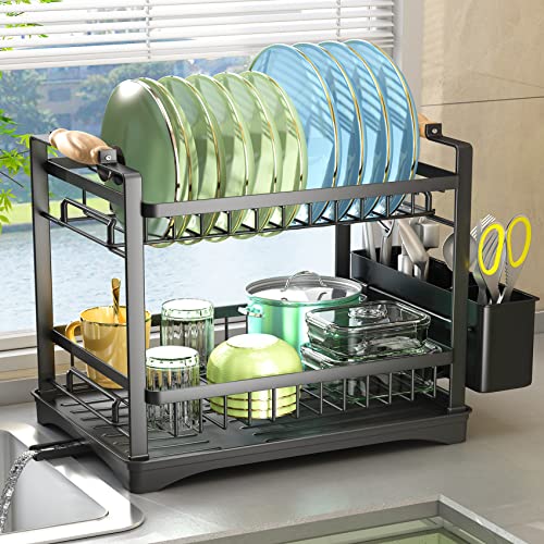 SNTD Dish Drying Rack, 2-Tier Dish Rack with Drainboard Auto Drain Spout, Kitchen Counter Dish Drainer with Utensil Holder Sink Caddy, Dish Dryer Rack Over Sink Organizer Black