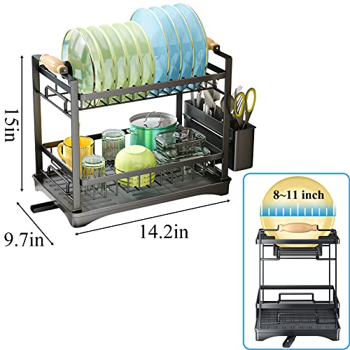 SNTD Dish Drying Rack, 2-Tier Dish Rack with Drainboard Auto Drain Spout, Kitchen Counter Dish Drainer with Utensil Holder Sink Caddy, Dish Dryer Rack Over Sink Organizer Black